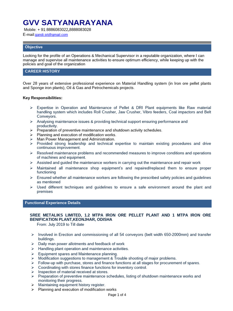 Operations & Mechanical Supervisor CV | PDF