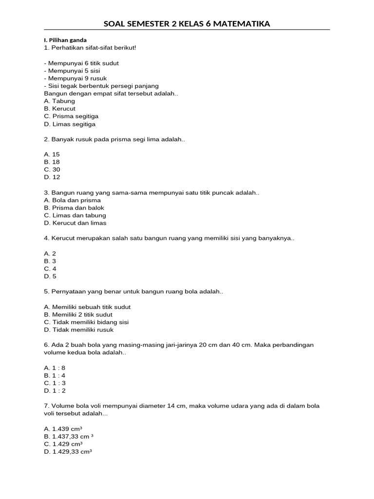 Soal Semester 2 Kelas 6 Matematika | PDF