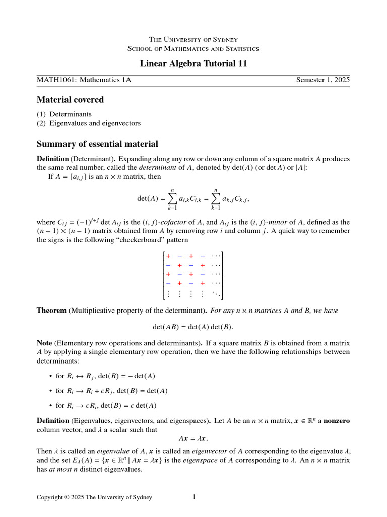 Linear-Algebra-Tutorial-11 Usyd | PDF | Eigenvalues And Eigenvectors | Determinant