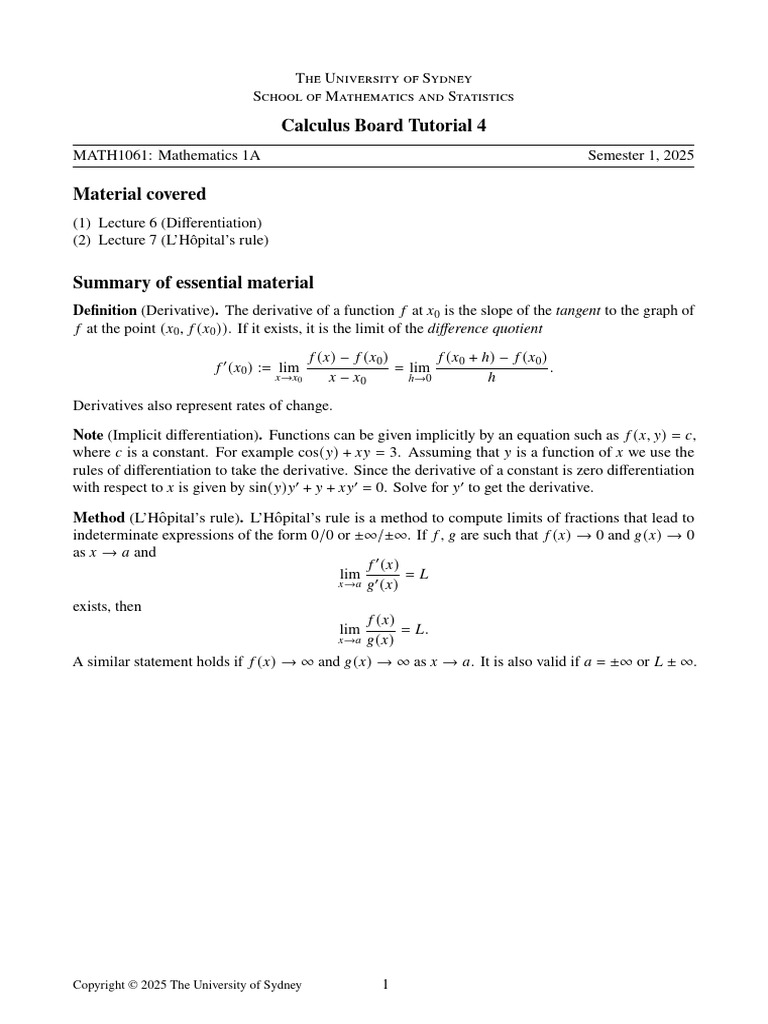 Calculus-Board-Tutorial-4 Usyd | PDF | Derivative | Function (Mathematics)