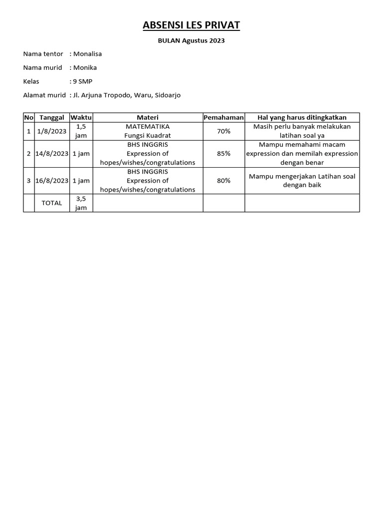 Absensi Les Privat Matematika dan BHS Inggris | PDF