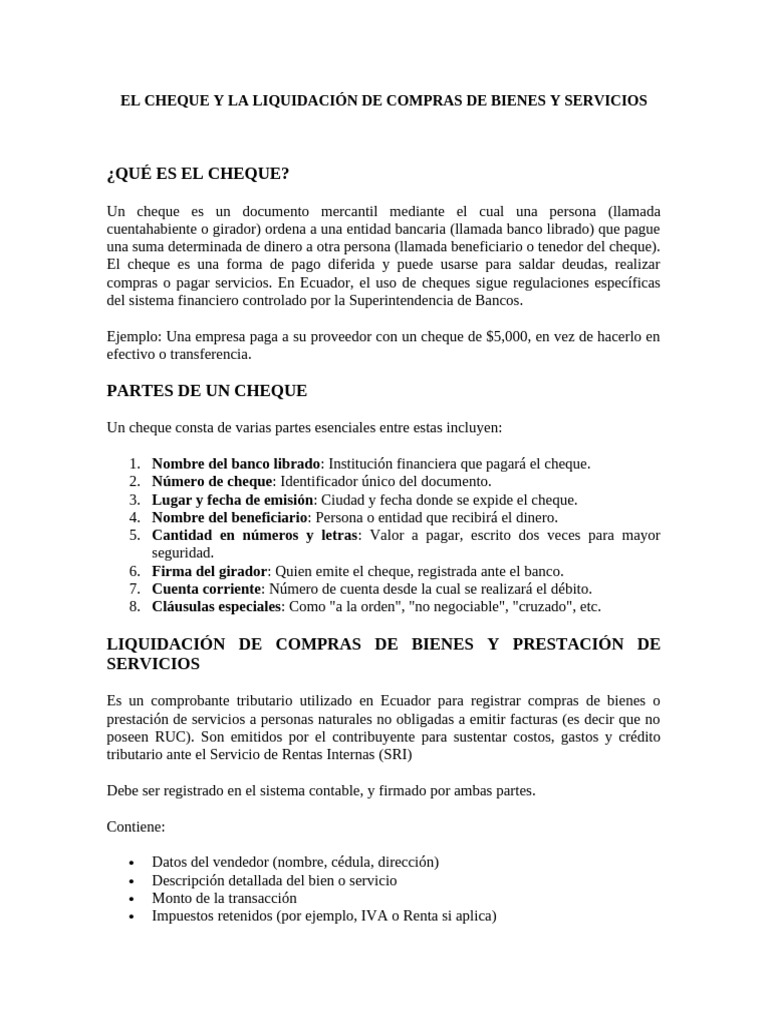 El Cheque y La Liquidación de Compras de Bienes y Servicios | PDF ...