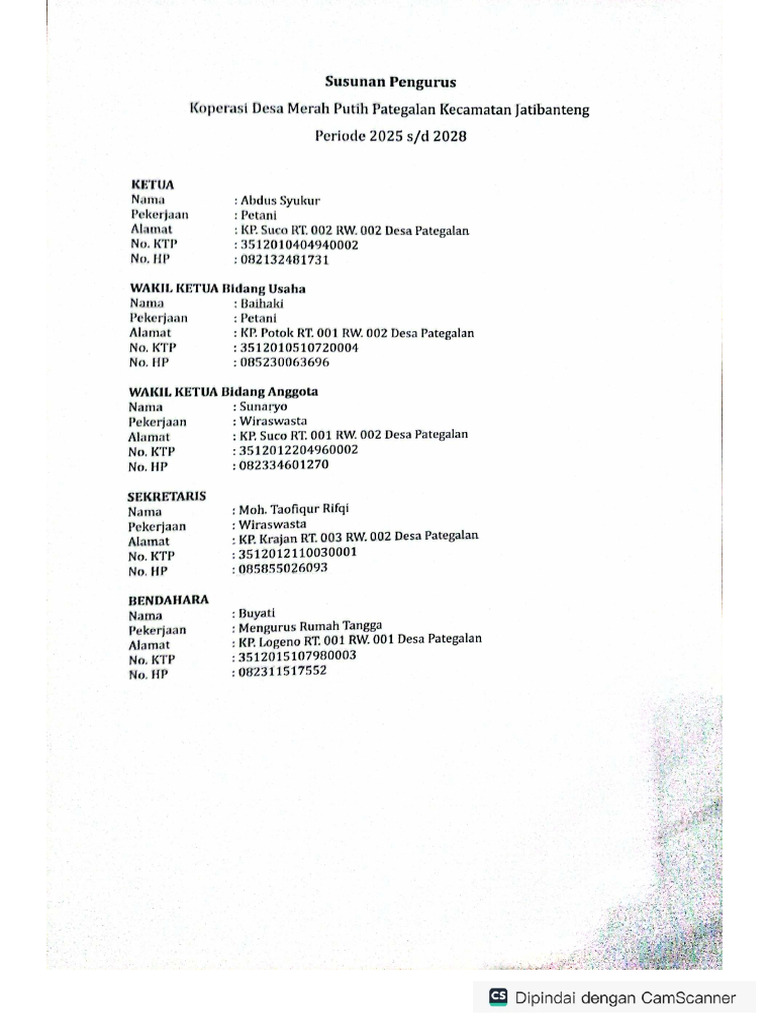 Susunan Pengurus Dan Pengawas KDMP Pategalan Kecamatan Jatibanteng | PDF