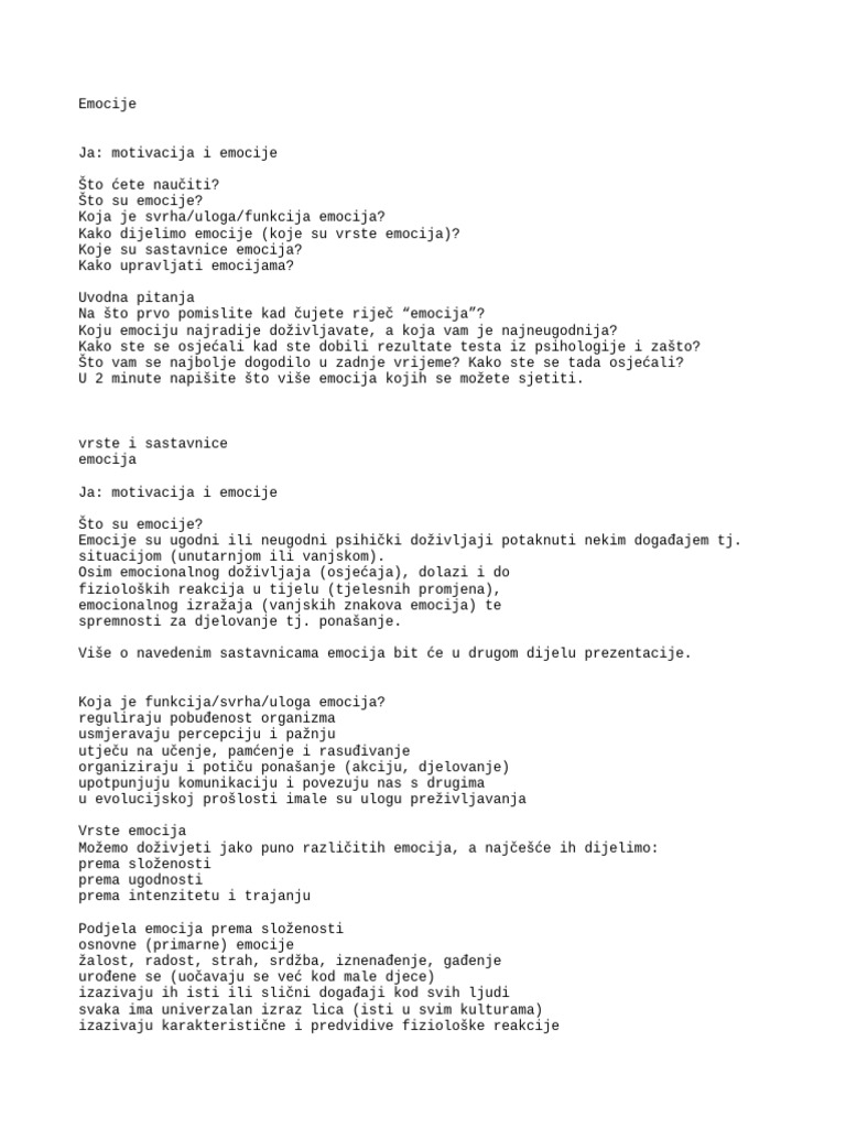 Vrste I Sastavnice Emocija, Upravljanje Emocijama | PDF