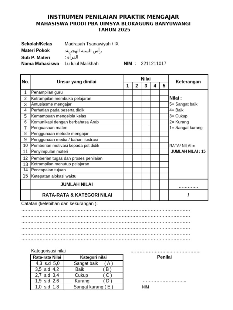 Contoh Instrumen Penilaian Micro Teaching | PDF