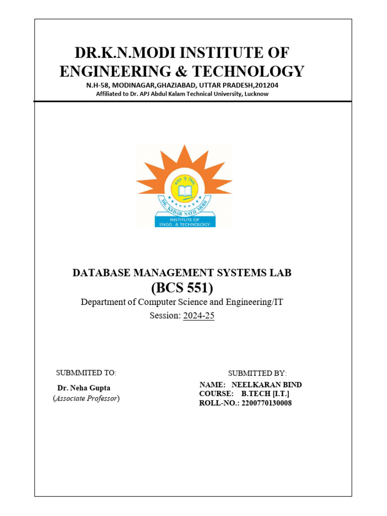DBMS LAB File Experiment1 | PDF | Relational Database | Databases
