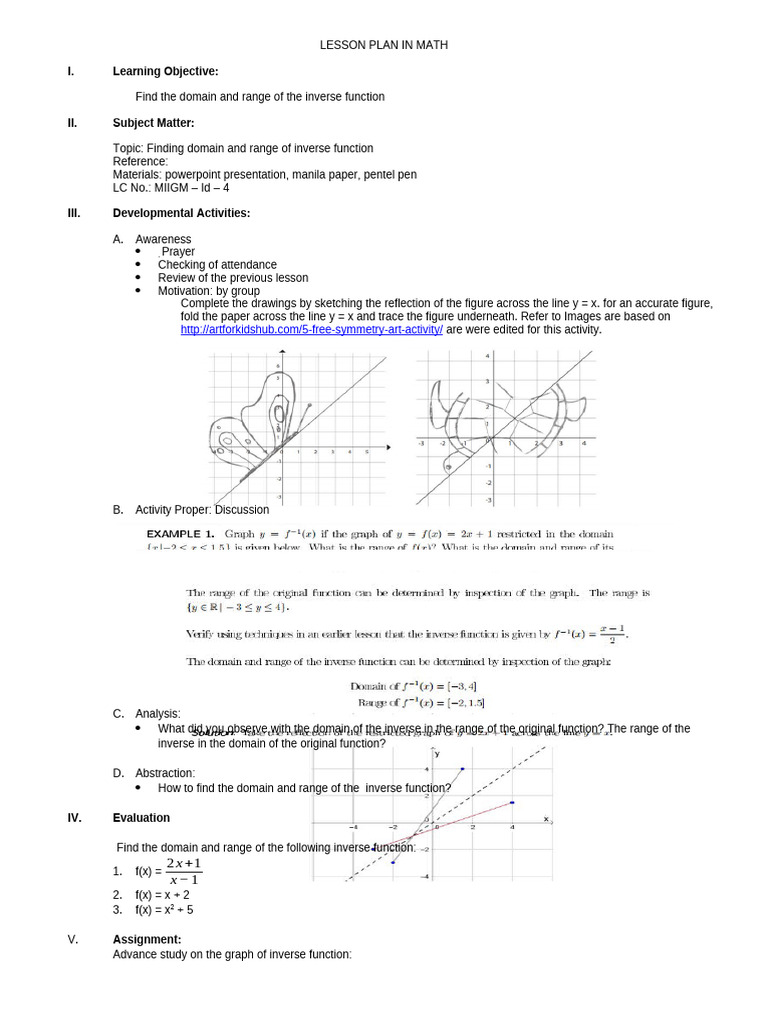 Lesson Plan (Finding Domain and Range of Inverse Function) | PDF