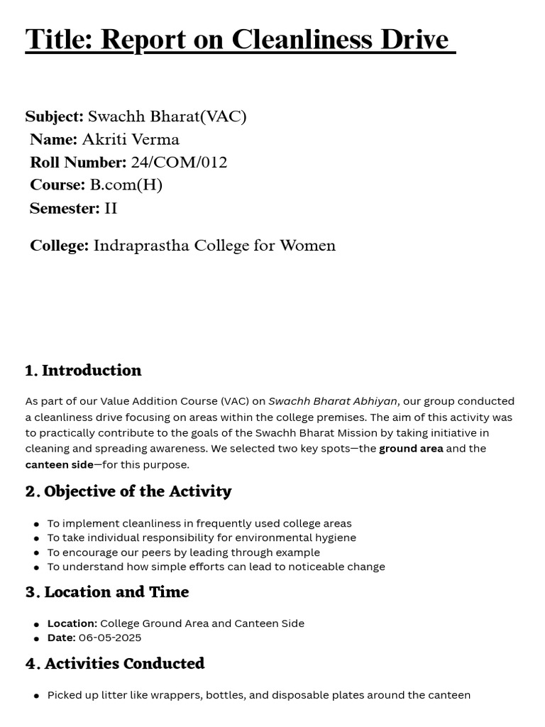 Title Report On Cleanliness Drive | PDF | Waste Management