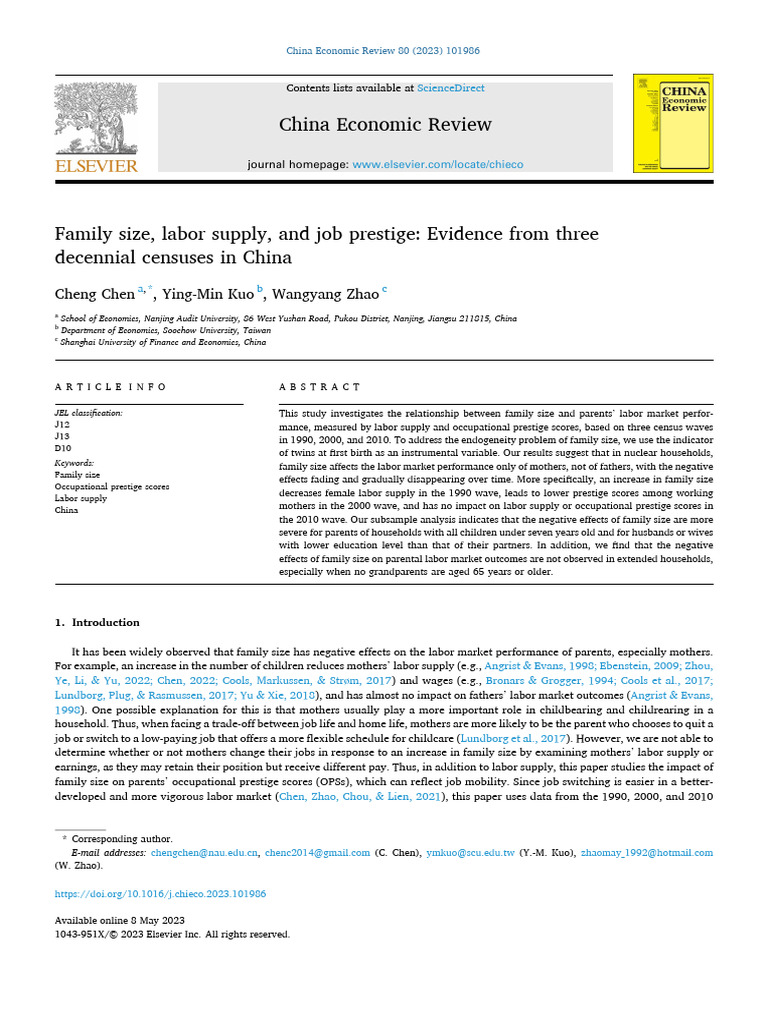 Family Size, Labor Supply, and Job Prestige Evidence From Three ...