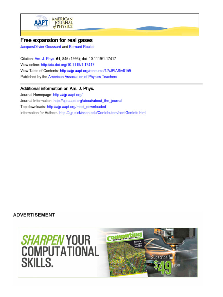 Free Expansion For Real Gases: Additional Information On Am. J. Phys | PDF