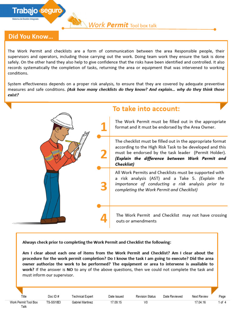 Work Permit Toolbox Talk Overview | PDF | Workplace | Occupational ...