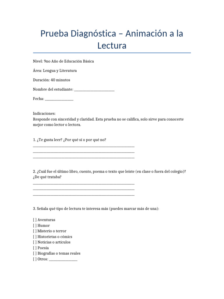 Prueba Diagnostica Animacion Lectura 9no | PDF