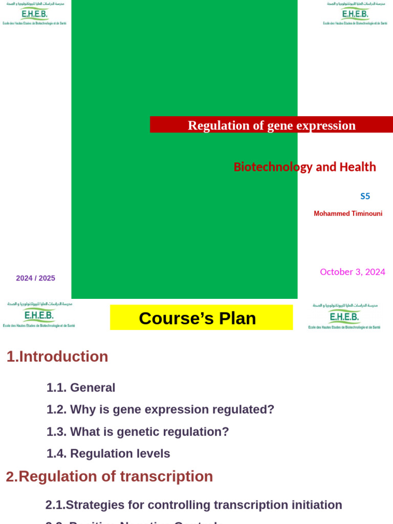 Course 1. Regulation of Gene Expression Operon lac+Trp+TD Corrigés ...