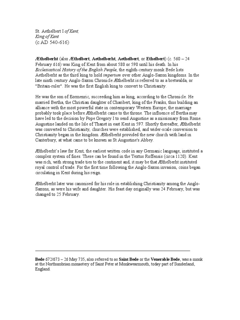 King of Kent: Æthelberht (Also Æthelbert, Aethelberht, Aethelbert, or ...