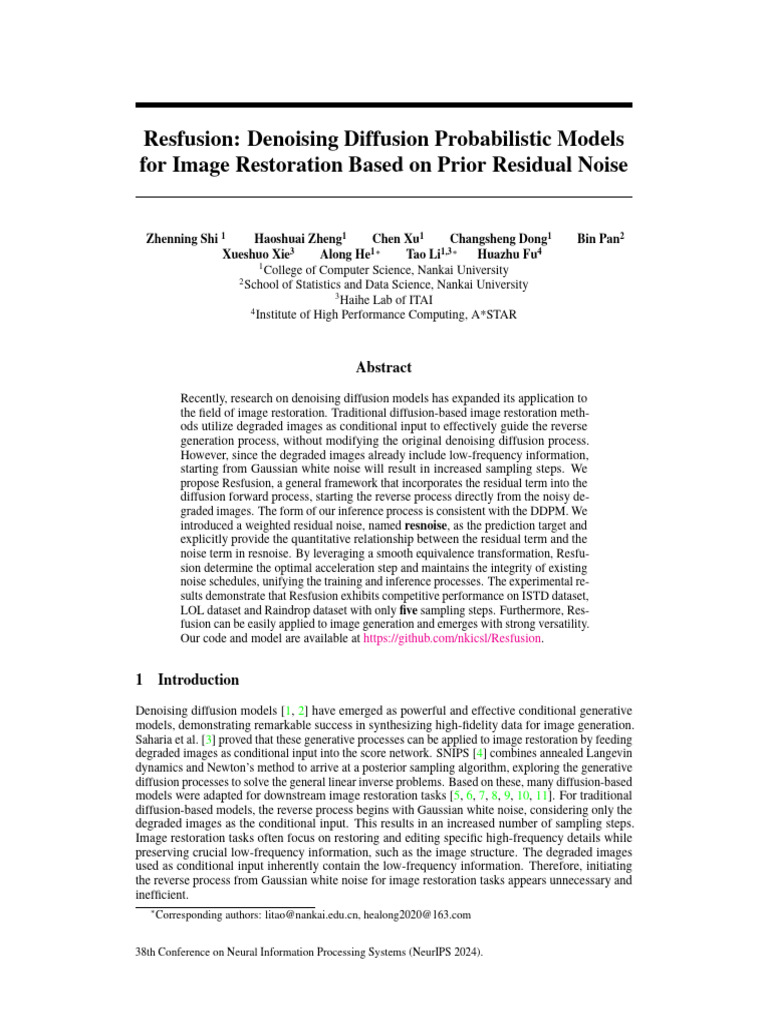Resfusion Denoising Diffusion Probabilistic Models For Image Restoration Based On Prior Residual ...