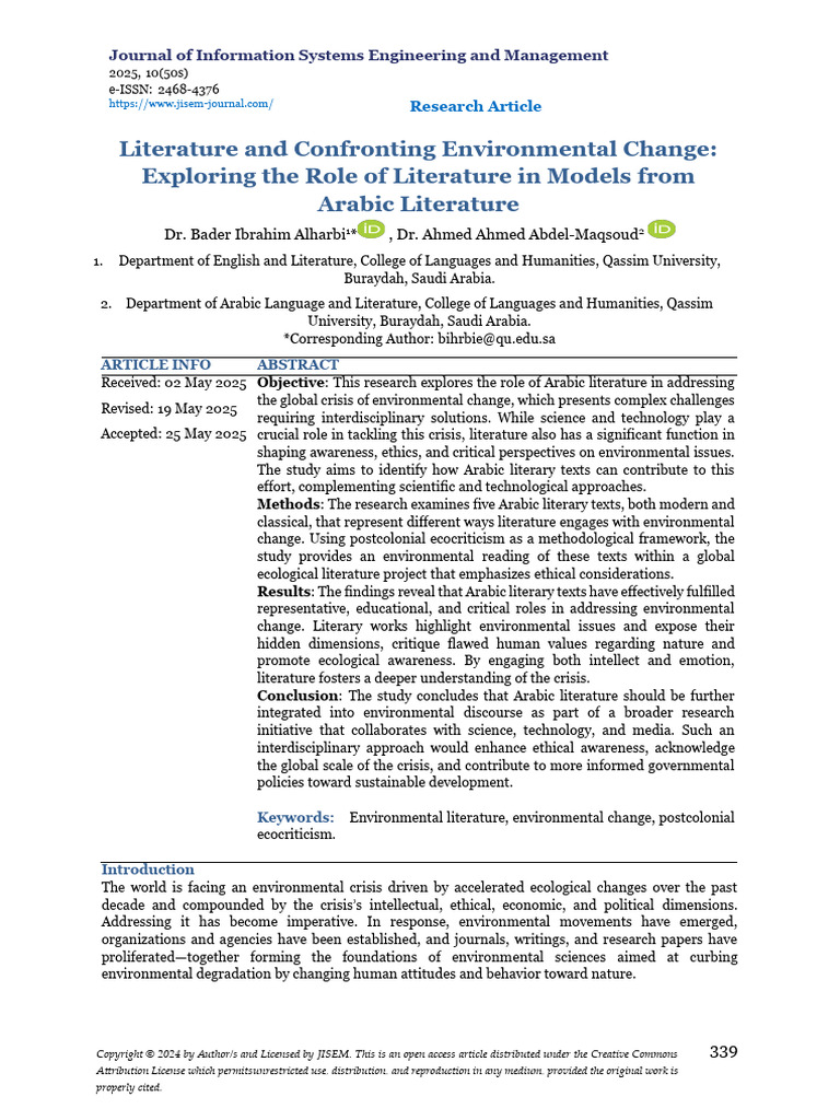 Literature and Confronting Environmental Change: Exploring The Role of ...