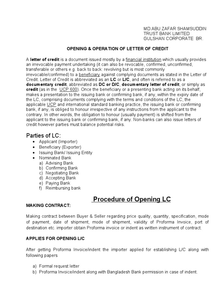 Opening at Operation of LC | PDF | Letter Of Credit | Business Law