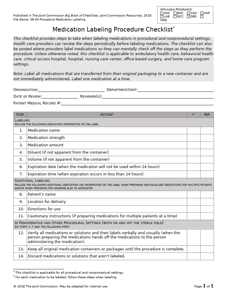 Medication Labeling Procedure Checklist | PDF | Joint Commission ...