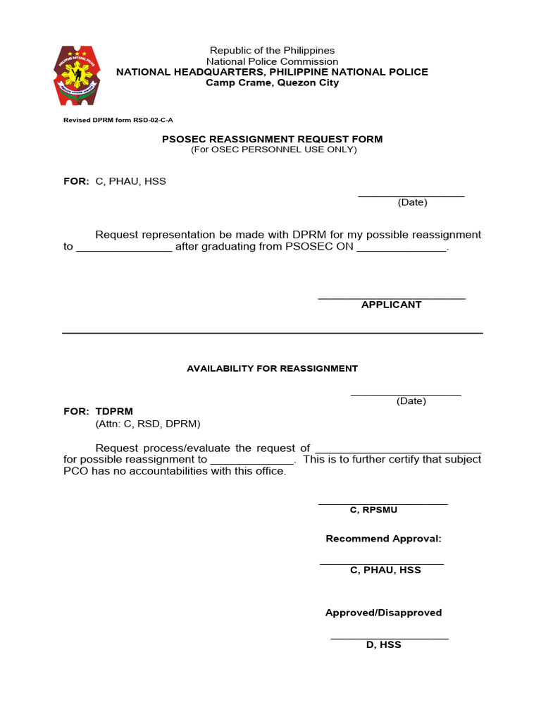 DPRM Form Rsd-02-C-A or Psosec Reassignment Request Form | PDF