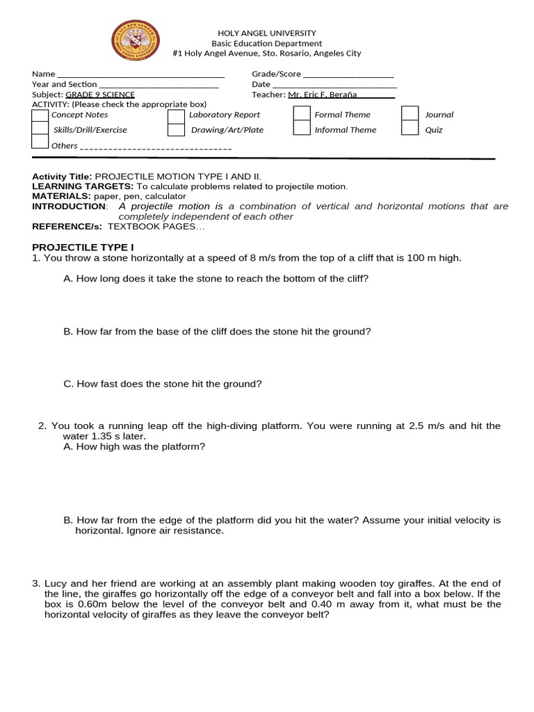 Projectile Iiimotion Problems Pdf Projectiles