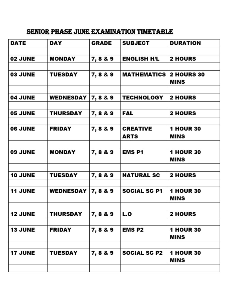 Senior Phase June Examination Timetable | PDF
