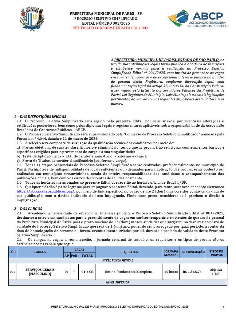 Prefeitura Municipal de Parisi, Estado de São Paulo,: Retificado Conforme Errata 001 E 002 | PDF