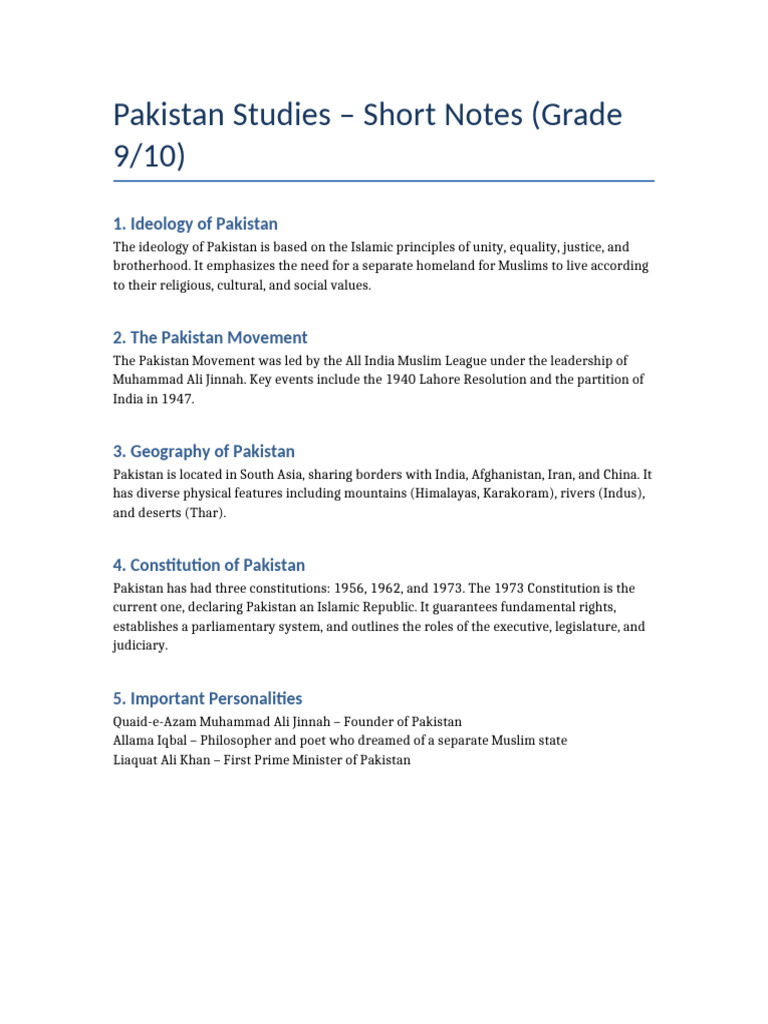Pakistan Studies Notes for Grades 9/10 | PDF