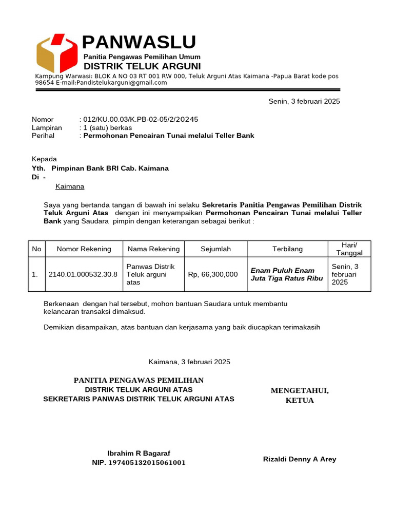 CONTOH FORMAT PENCAIRAN - Panwas Distrik | PDF