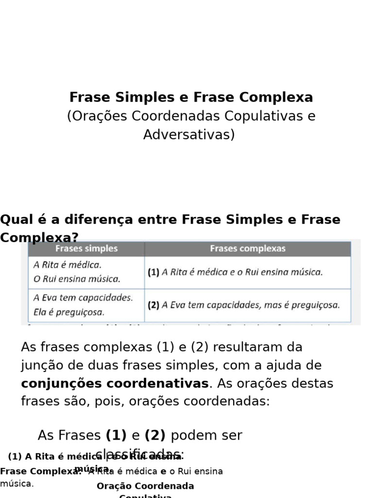 Frase Simples e Frase Complexa (Orações Coordenadas Copulativas e ...