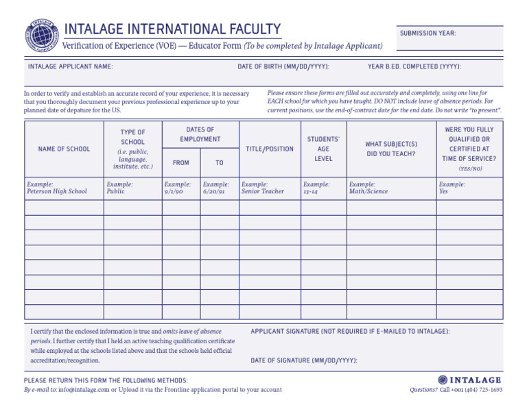 Intalage Faculty Experience Verification Form | PDF