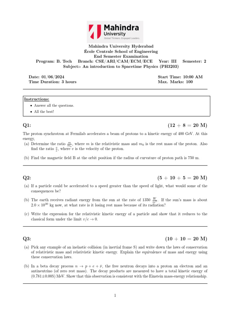 PH3203 AnIntroSpaceTimePhys 2024 Endterm Set | PDF | Mass | Special Relativity
