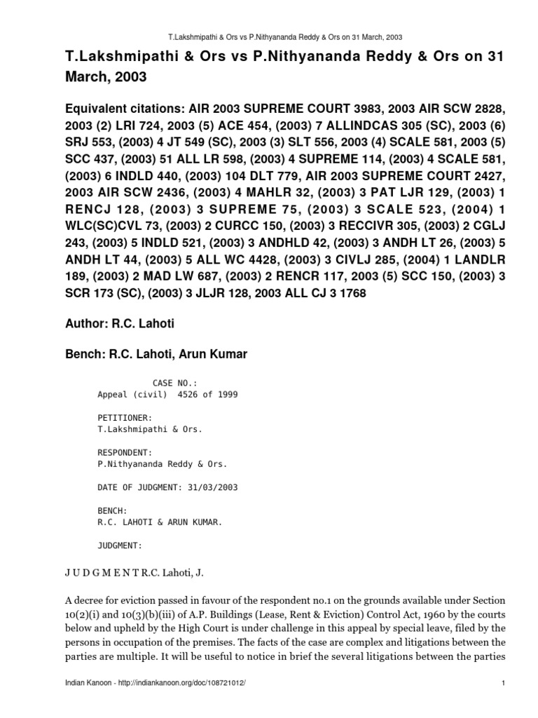 Lakshmipathi V Nityananda | PDF | Lease | Leasehold Estate