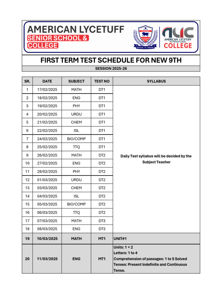 First Term Test Schedule For New 9th | PDF