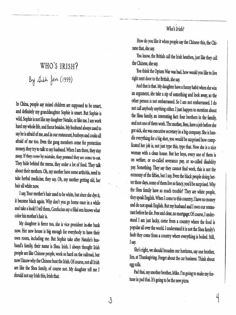 Gish Jen Story Who Is Irish (2) - Salida | PDF