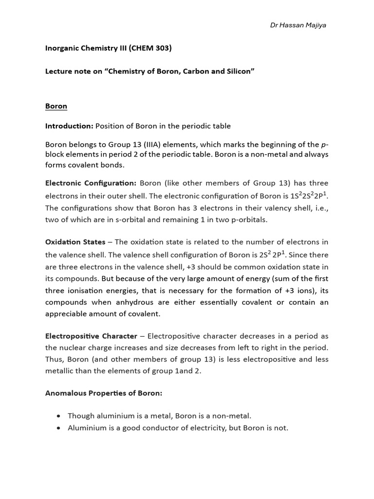 Chemistry of Boron, Carbon, Silicon | PDF | Silicon Dioxide | Boron