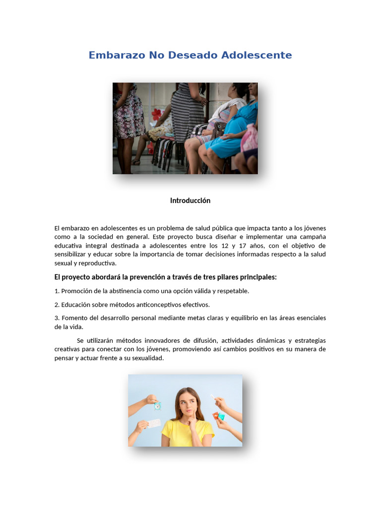 Proyecto de Prevención de Embarazo No Deseado Adolescente | PDF | Control de la natalidad | Juventud
