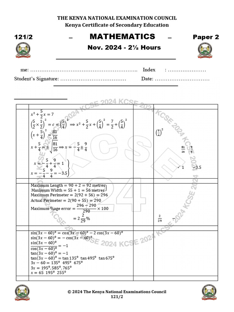 Kcse 2024 Math Pp2 Ms - Code 01 | PDF | Area | Square Root