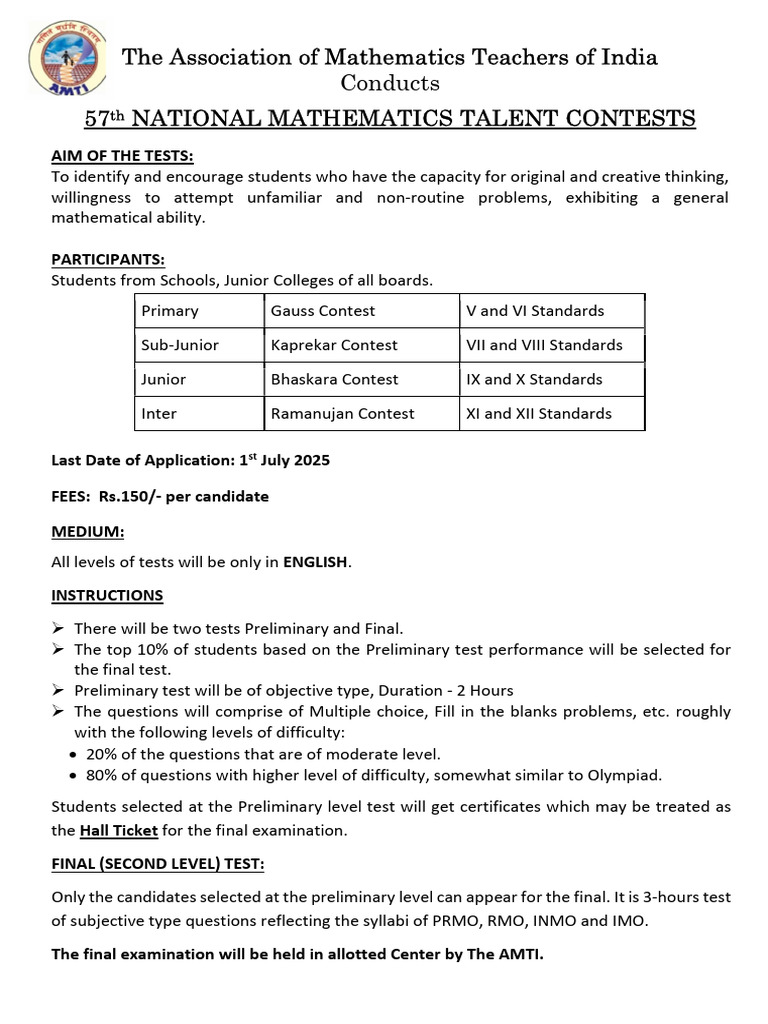 National Maths Talent Contest (NMTC) 57th | PDF | Algebra | Geometry