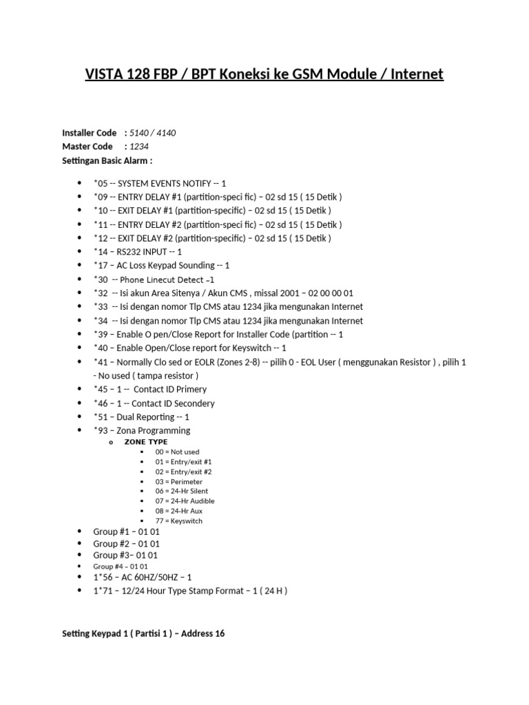 Panduan Pemrograman VISTA 128 FBP/BPT | PDF