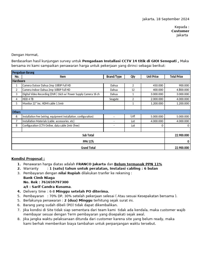 Surat Proposal Penawaran Pengadaan CCTV 14 Titik - Senopati | PDF