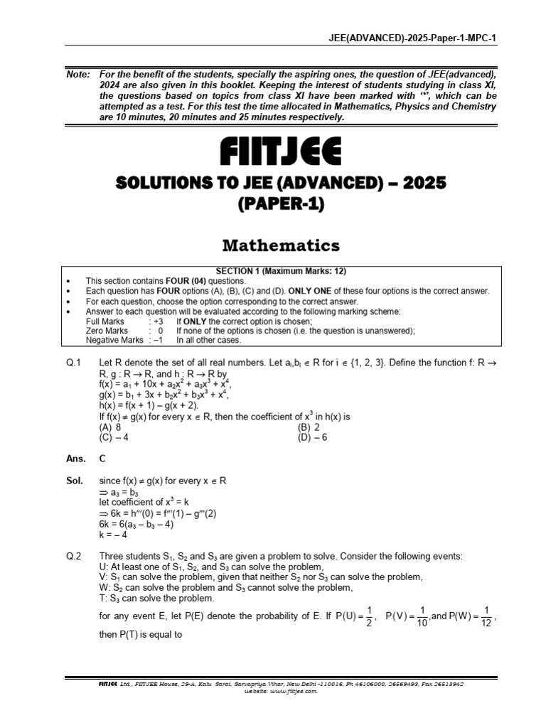 JEE Advanced 2025 Paper 1 PDF | PDF | Matrix (Mathematics) | Function ...