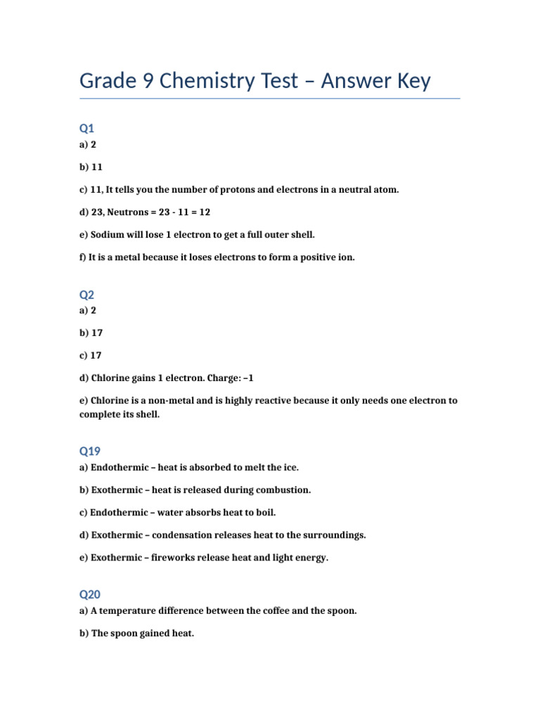 Grade 9 Chemistry Test Answer Key | PDF