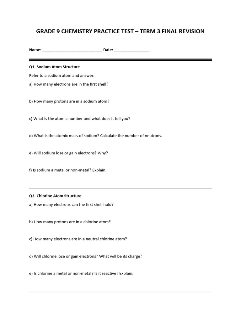 Grade 9 Chemistry Practice Test | PDF | Ion | Chemical Compounds