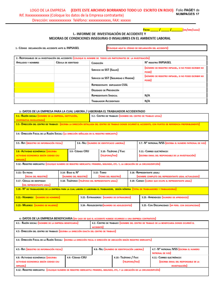 Formato Investigacion Accidente INPSASEL ANEXO 01 | PDF | Seguridad y ...