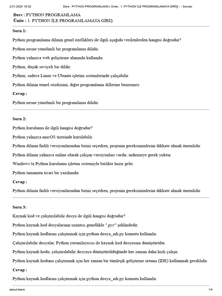 Ders - Python Programlama - Ünite - 1. Python İle Programlamaya Gi̇ri̇ş - Sorular | PDF