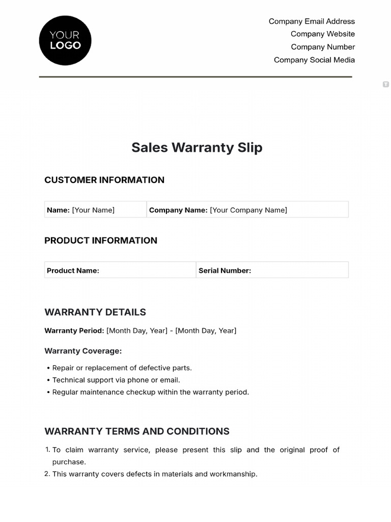 Sales Warranty Slip Template | PDF