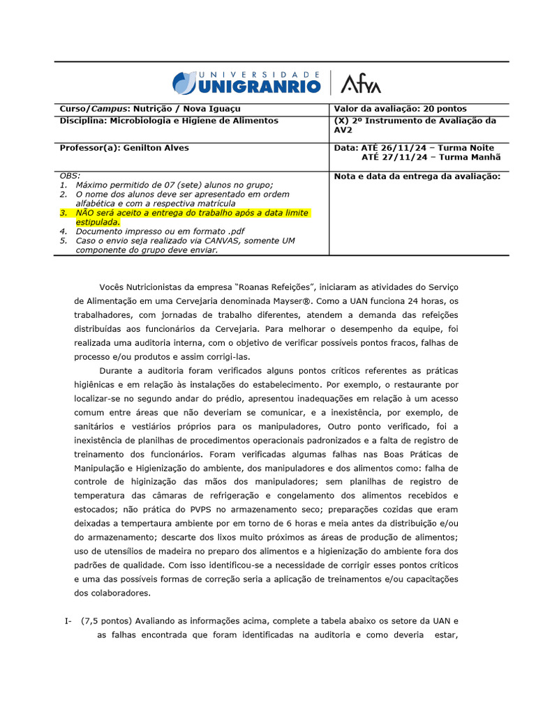 2%C2%BA_INSTRUMENTO_DE_AVALIA%C3%87%C3%83O_N2+NOITE | PDF
