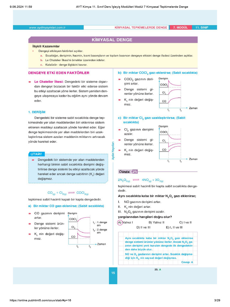 AYT Kimya 11. Sınıf Ders İşleyiş Modülleri Modül 7 Kimyasal Tepkimelerde Denge-Birleştirildi | PDF