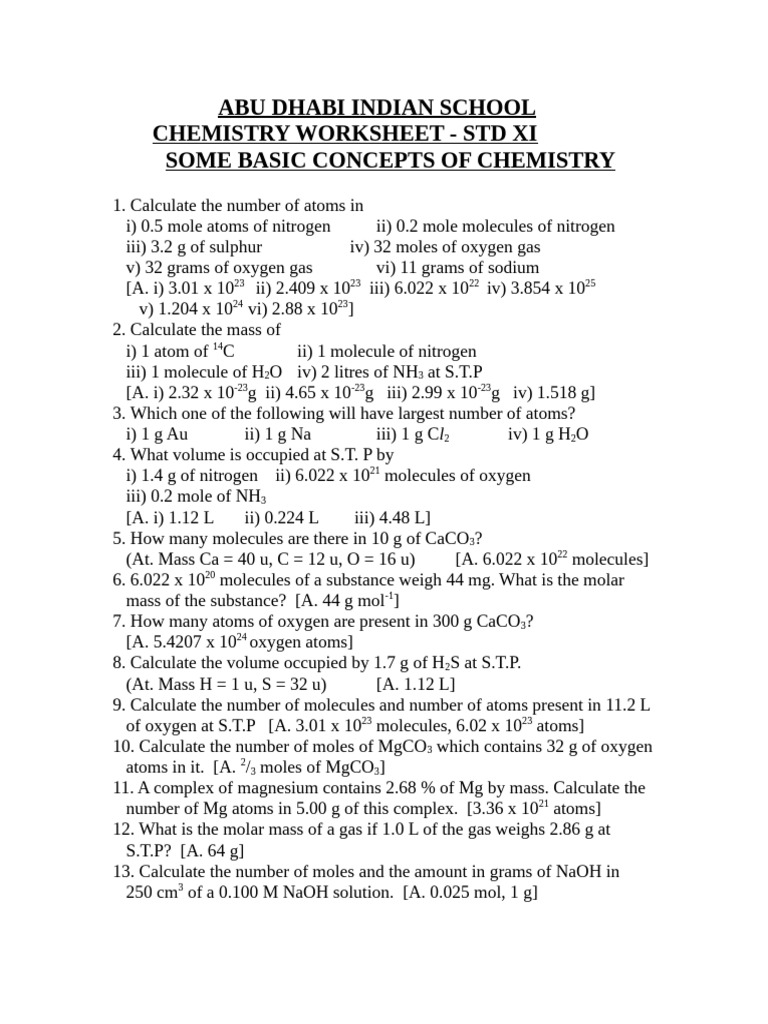 Some Basic Concepts of Chemistry-WORKSHEET | PDF | Mole (Unit) | Acid