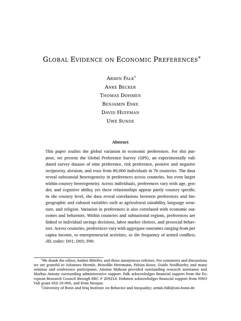 Economic Preferences and Development Insights | PDF | Experiment | Risk